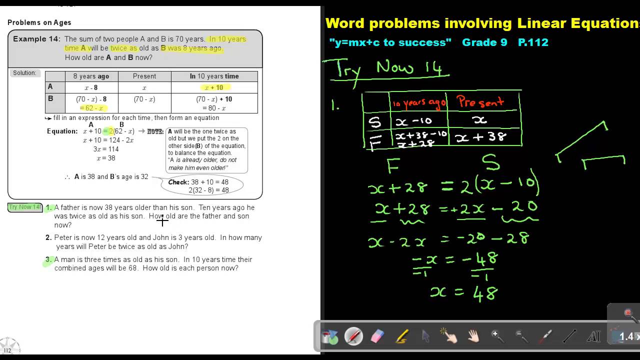 4.9 Word problems involving Linear Equations - Chapter 4 - part 9 - YouTube