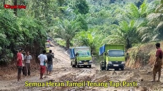 dump truk muatan material proyek jalan tol melintas gunung Seulawah tanjakan Lamtamot, Aceh ...