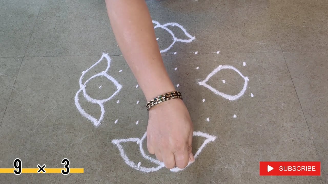 Simple and easy dots rangoli design || 9×3 Dots rangoli || 9 dots ...