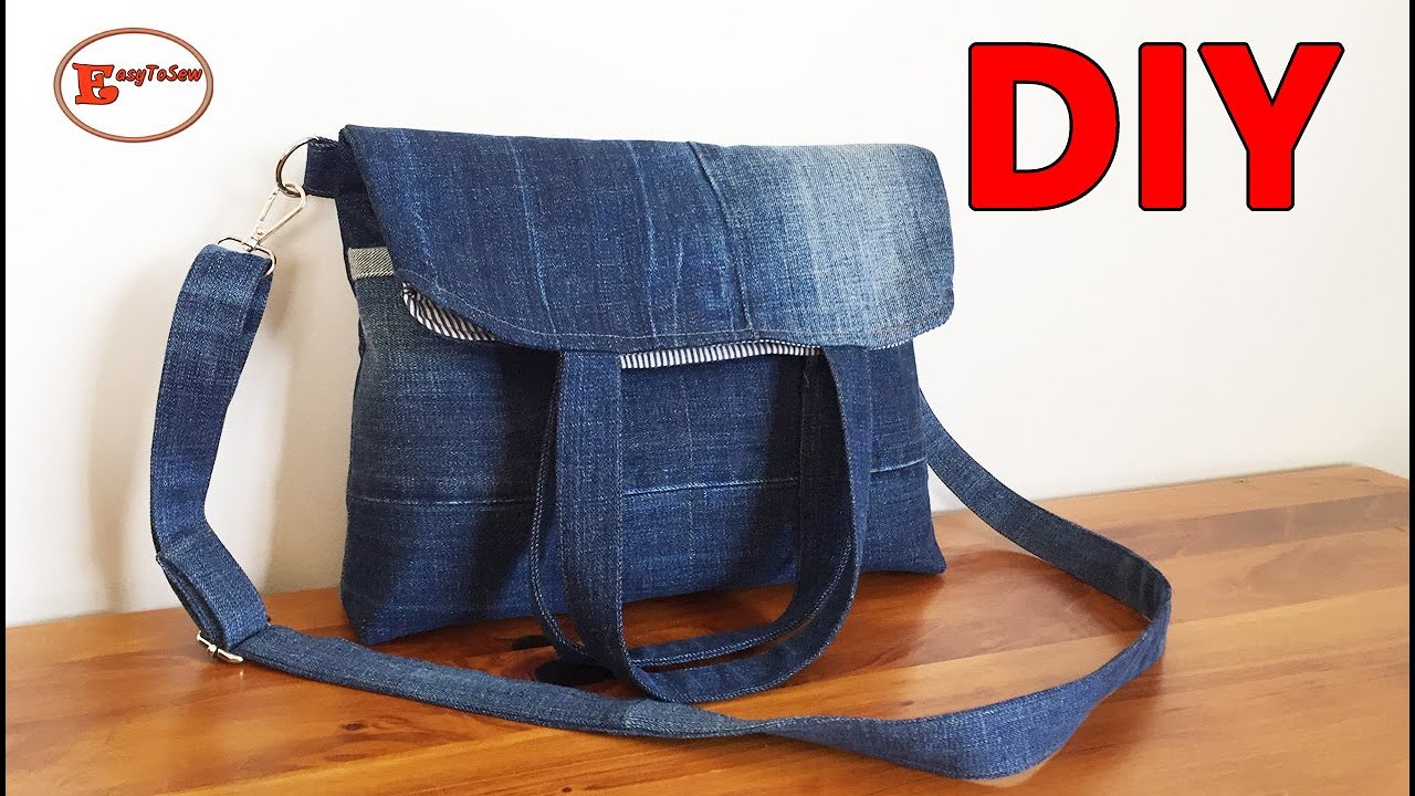 DIY DENIM AND SHIRT CROSSBODY WITH FOLDOVER FLAP TOTE BAG SEWING ...