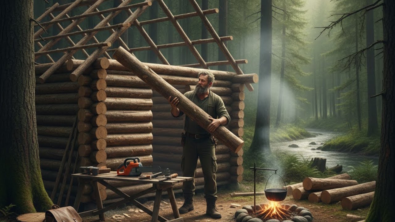 Man Build Cabin Log Alone in the Forest - YouTube