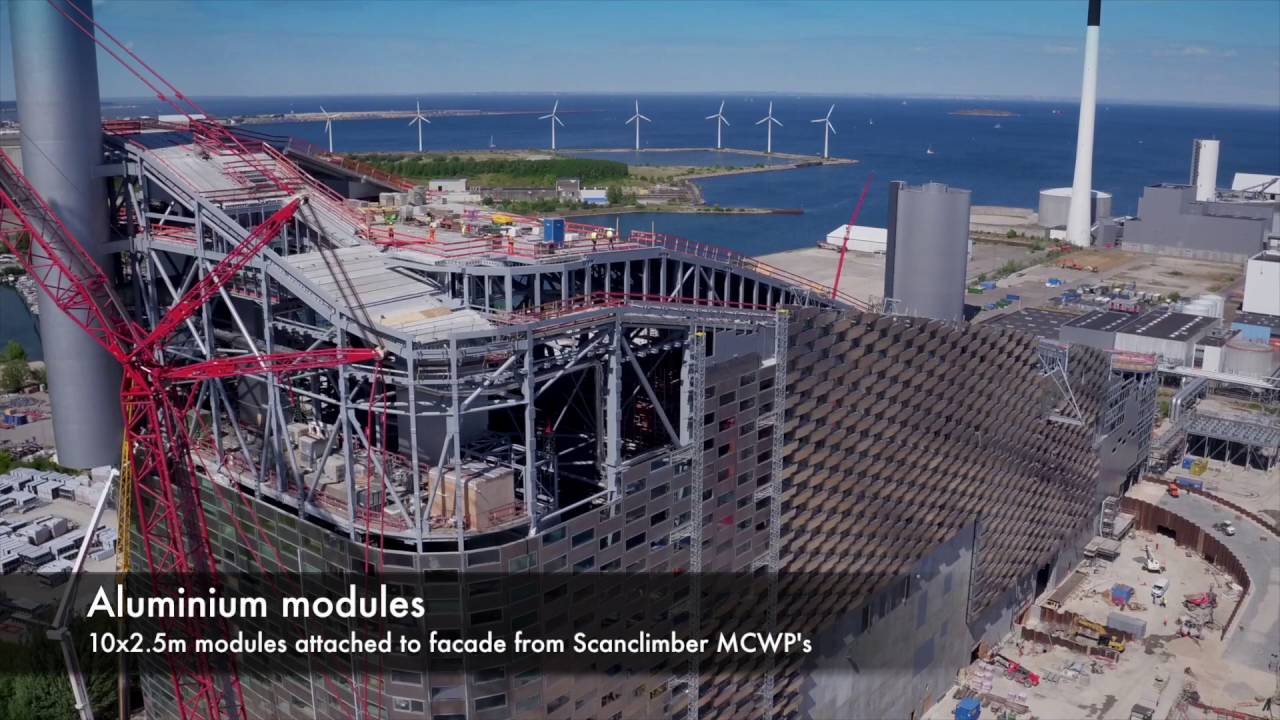 Scanclimber SC6000 twin mast climbers with sliding deck extensions at Amager Bakke Energy Plant ...