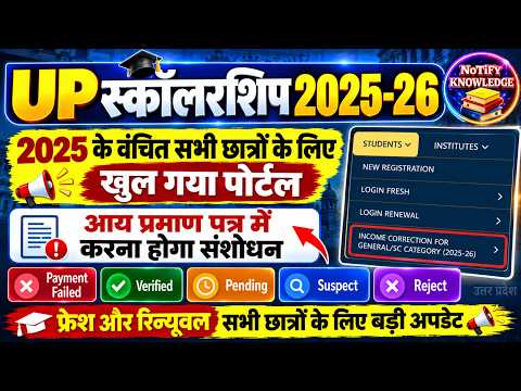 UP Scholarship 2025-26 Portal Re-Open/UP Scholarship 2026-27 Apply Fresh/UP Scholarship Status 2026