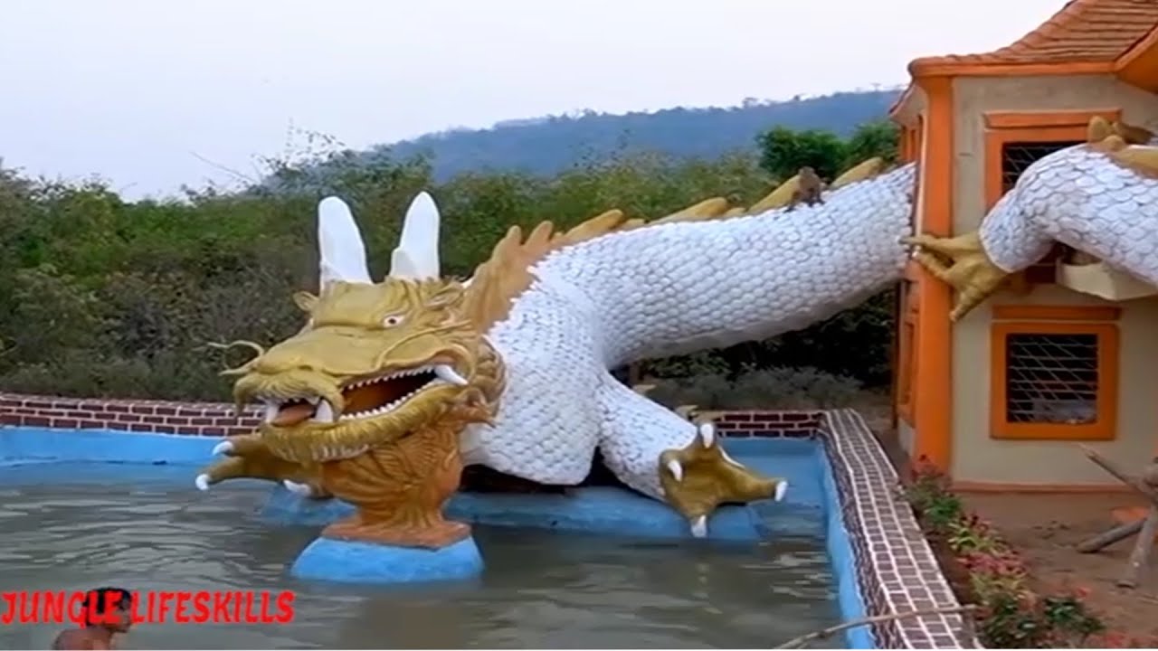 Building Mud Villa And Water Slide To Swimming Pool with A Dragon on it ...