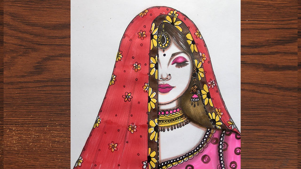 How to Draw and color indian Bride very easy || Bride drawing easy ...
