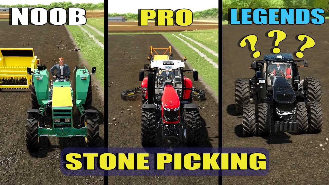 Who Does it better noob vs pro vs legend fs22 stone picking - YouTube
