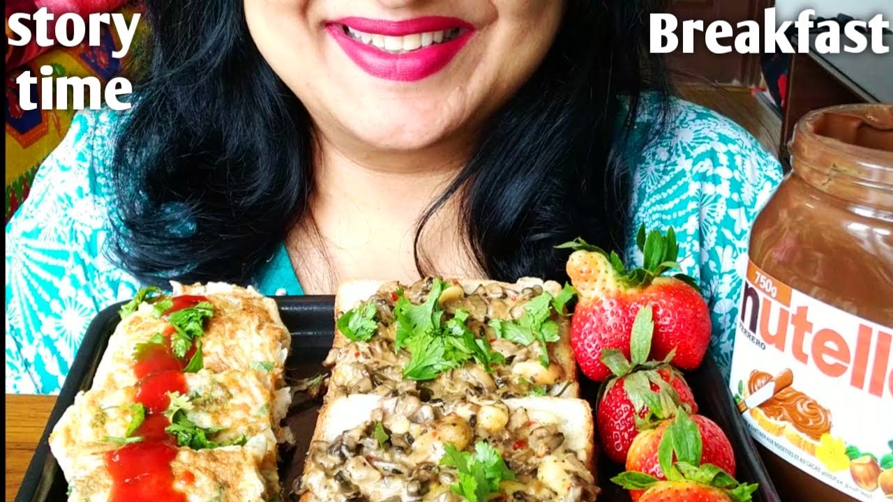 Eating egg omlette creamy cheesy mushroom sandwich strawberry nutella ...