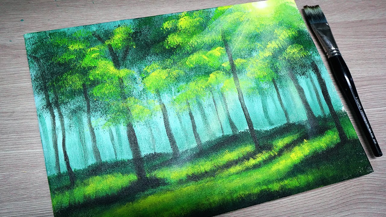 Morning forest painting| forest trees| Easy Acrylic Painting for ...