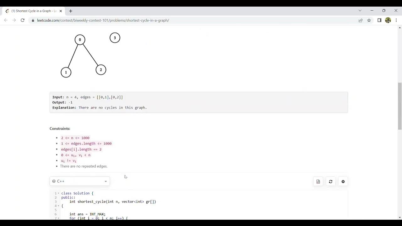 6330. Shortest Cycle in a Graph || Biweekly Contest 101 || Leetcode ...