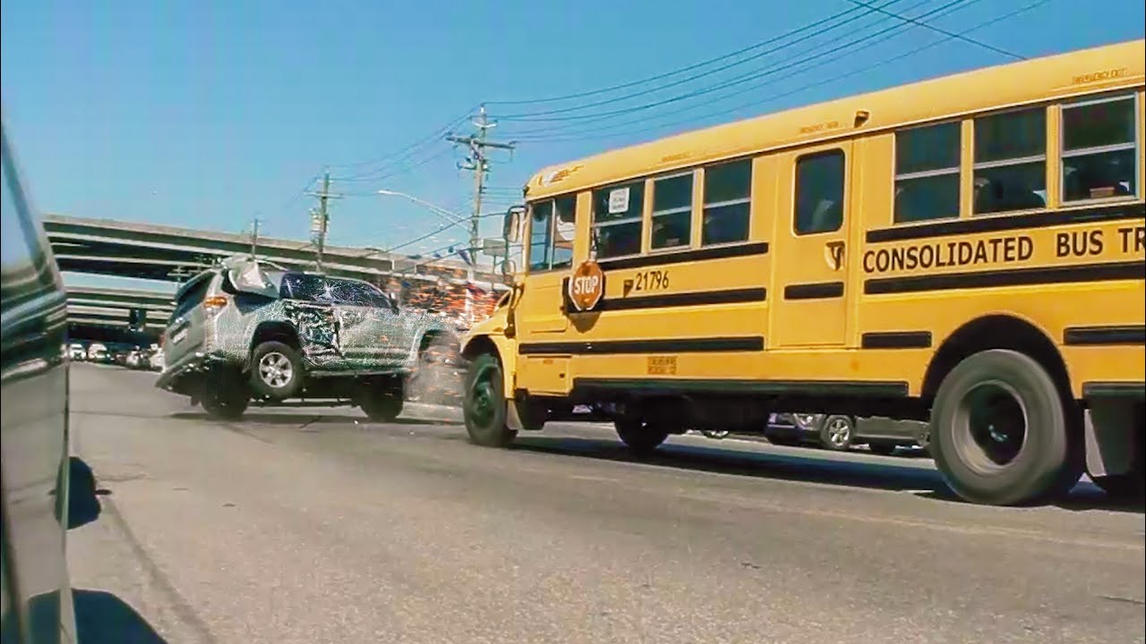 SCHOOL BUS TAKES DOWN SPEEDING DRIVER - YouTube