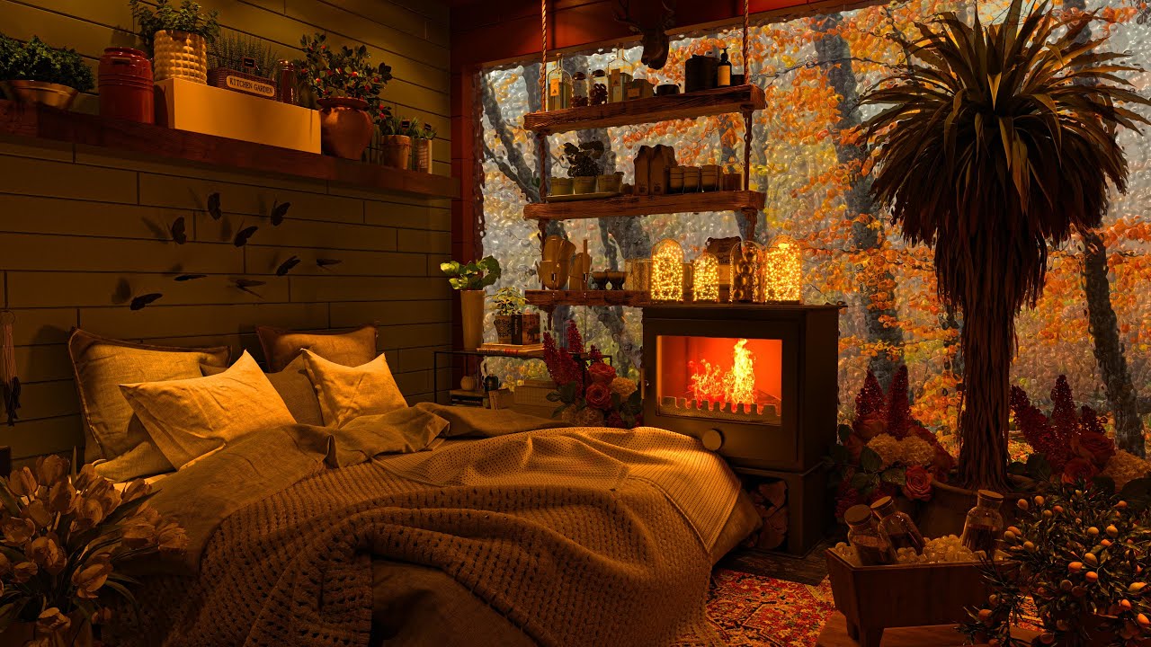 Autumn Ambience - Soft Fall Rain and Relaxing Autumn Fireplace Burning ...