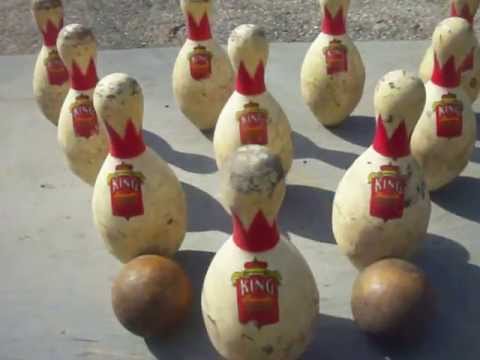 Vintage 1940s Brunswick KING Duck Pins and three wooden Duckpin Balls ...