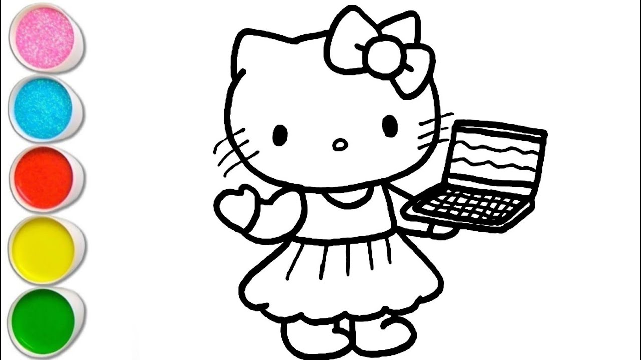 Hello Kitty With Laptop Drawing, Painting and Coloring For Kids and ...