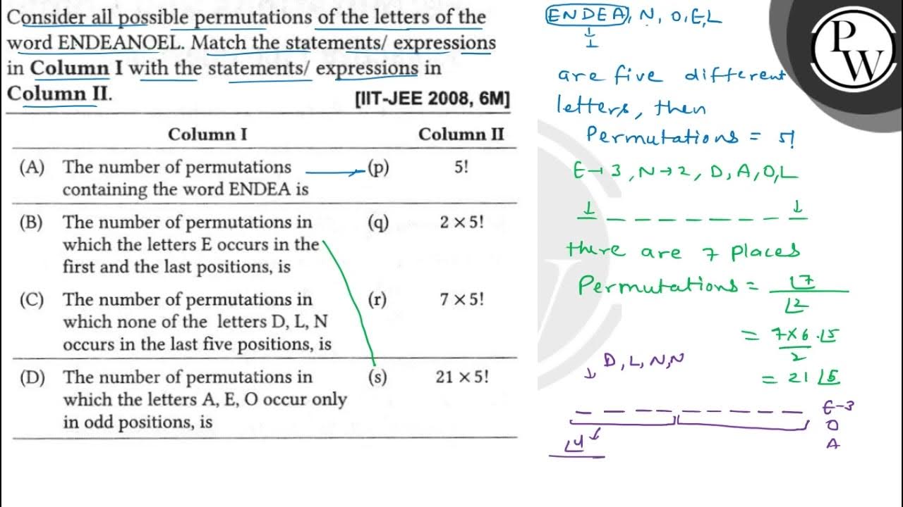 Consider all possible permutations of the letters of the word ENDEANOEL. Match the statements/ e ...