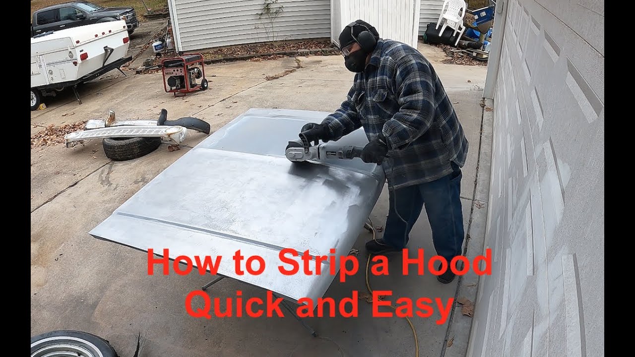 Stripping Square Body Hood to Bare Steel - YouTube