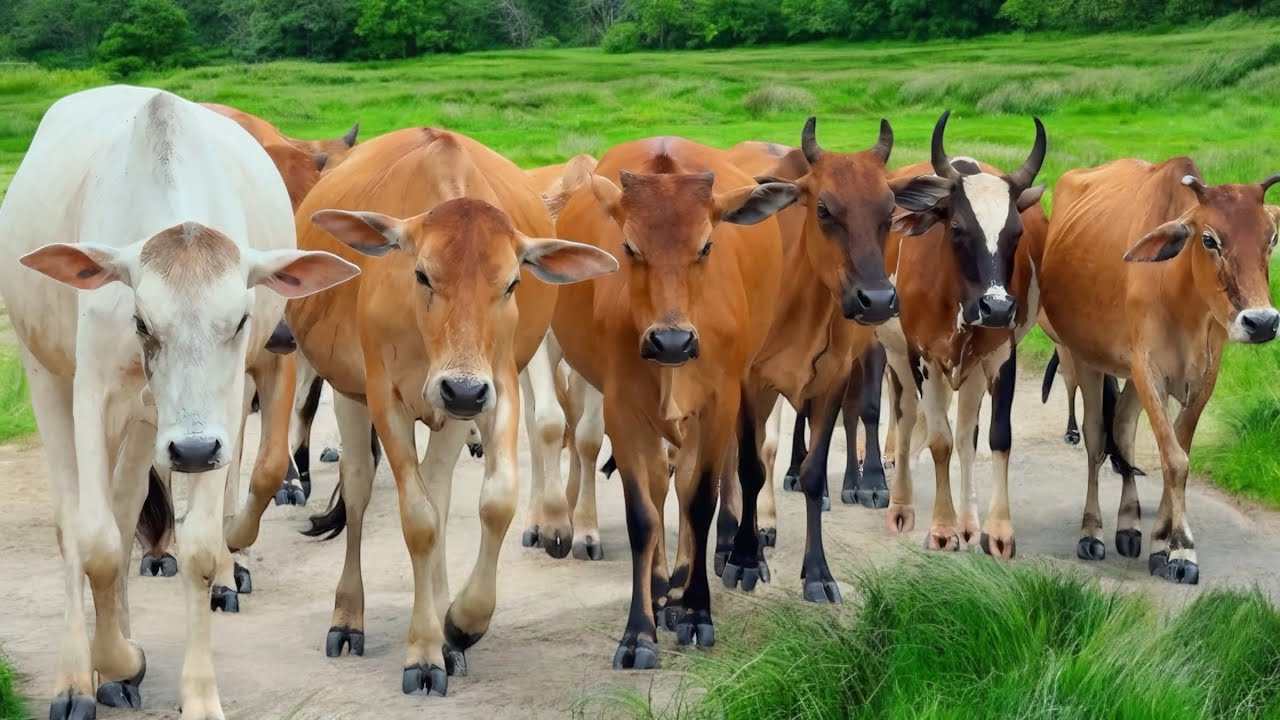 Kerumunan Sapi lembu Minum air Di jalan menuju padang rumput, Suara ...