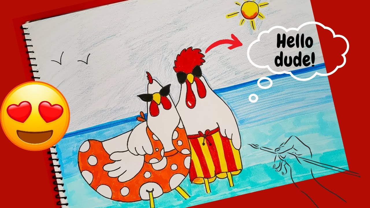 How to draw funny chicken couple on beach 🏖️ | (Let's play with colors ...