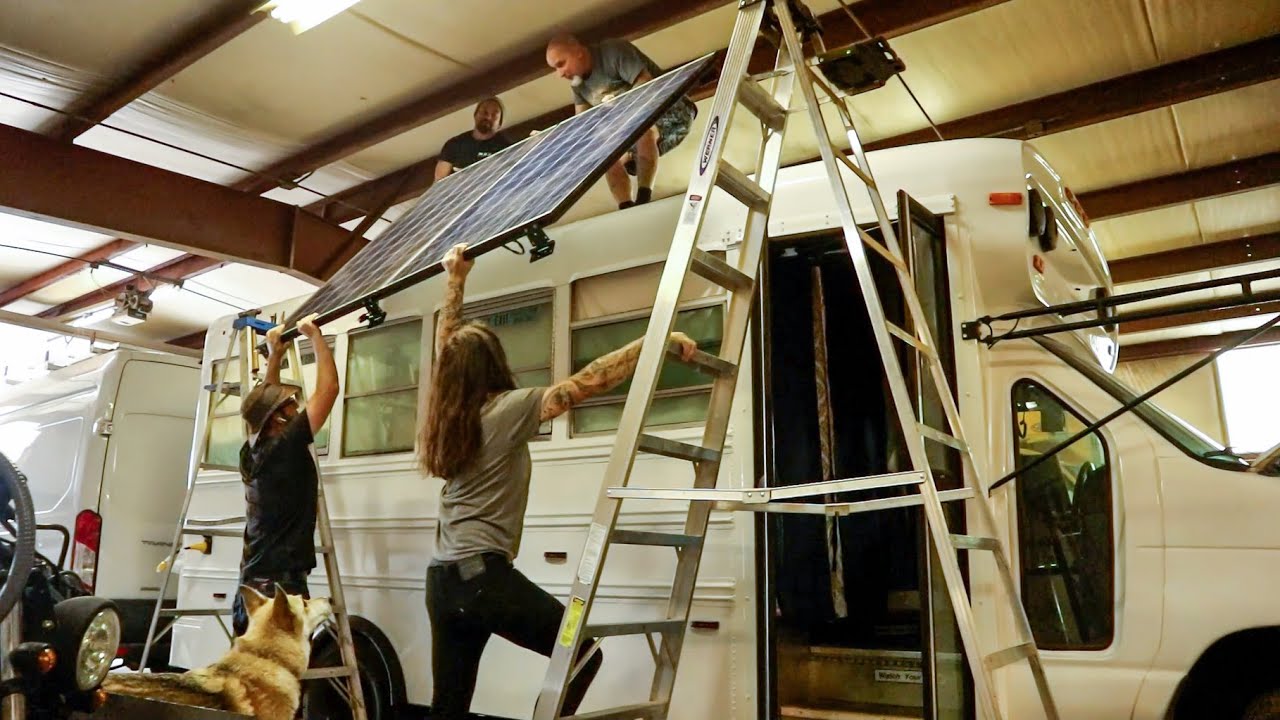 Clever Solar Panel Hinges For Skoolie - Tropicool Roof Sealant - YouTube