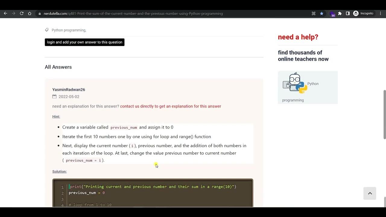Print the sum of the current number and the previous number using Python programming - YouTube