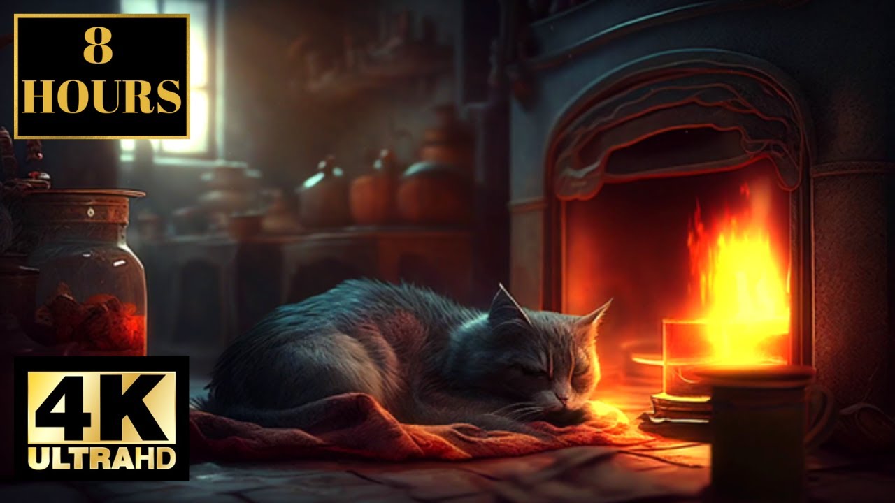 Sleeping Cat Relaxing Fireplace Screensaver Wallpaper Background ...