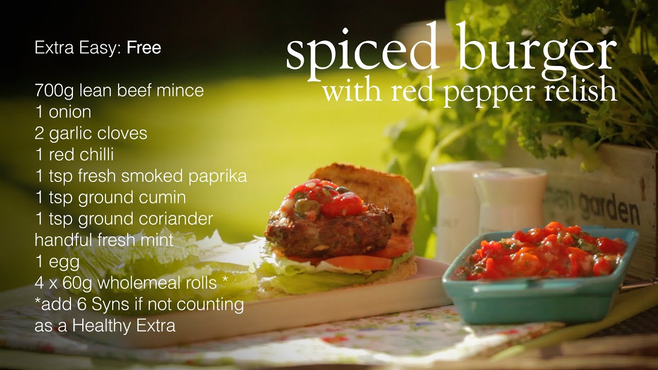 Slimming World barbecued spiced burger with red pepper relish - FREE ...