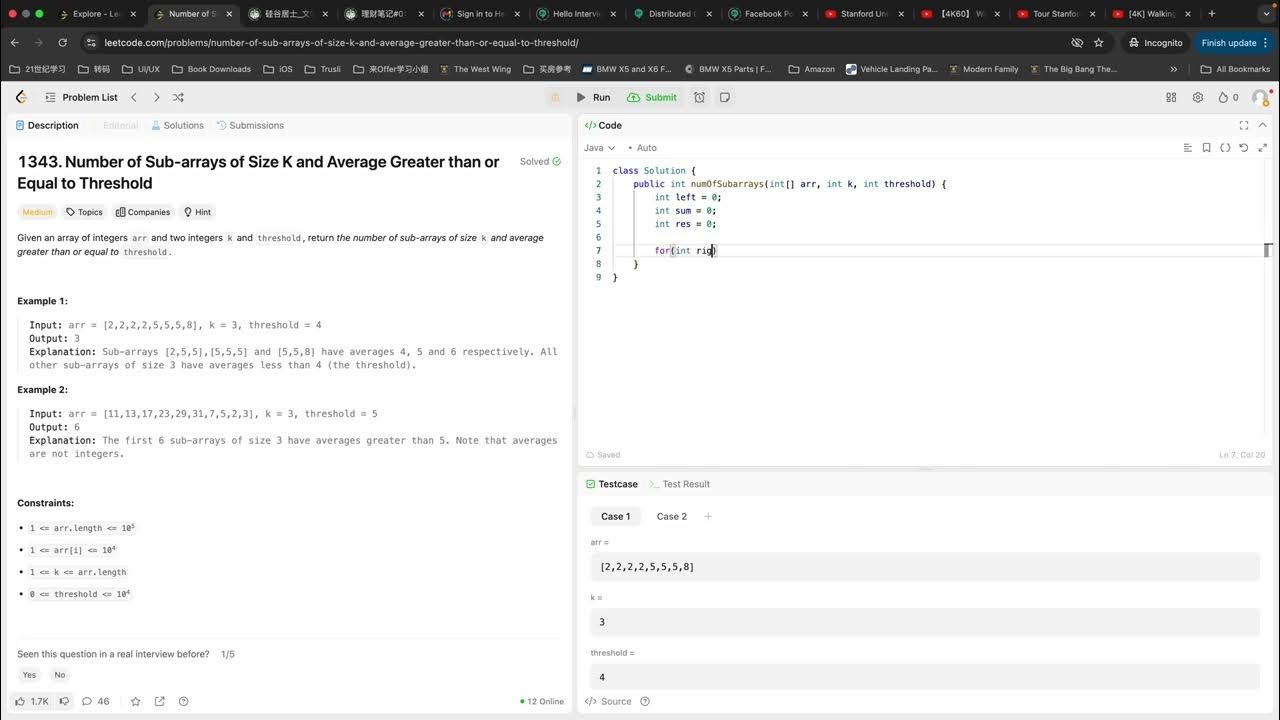 Leetcode 1343 Number of Sub arrays of Size K and Average Greater than or Equal to Threshold ...