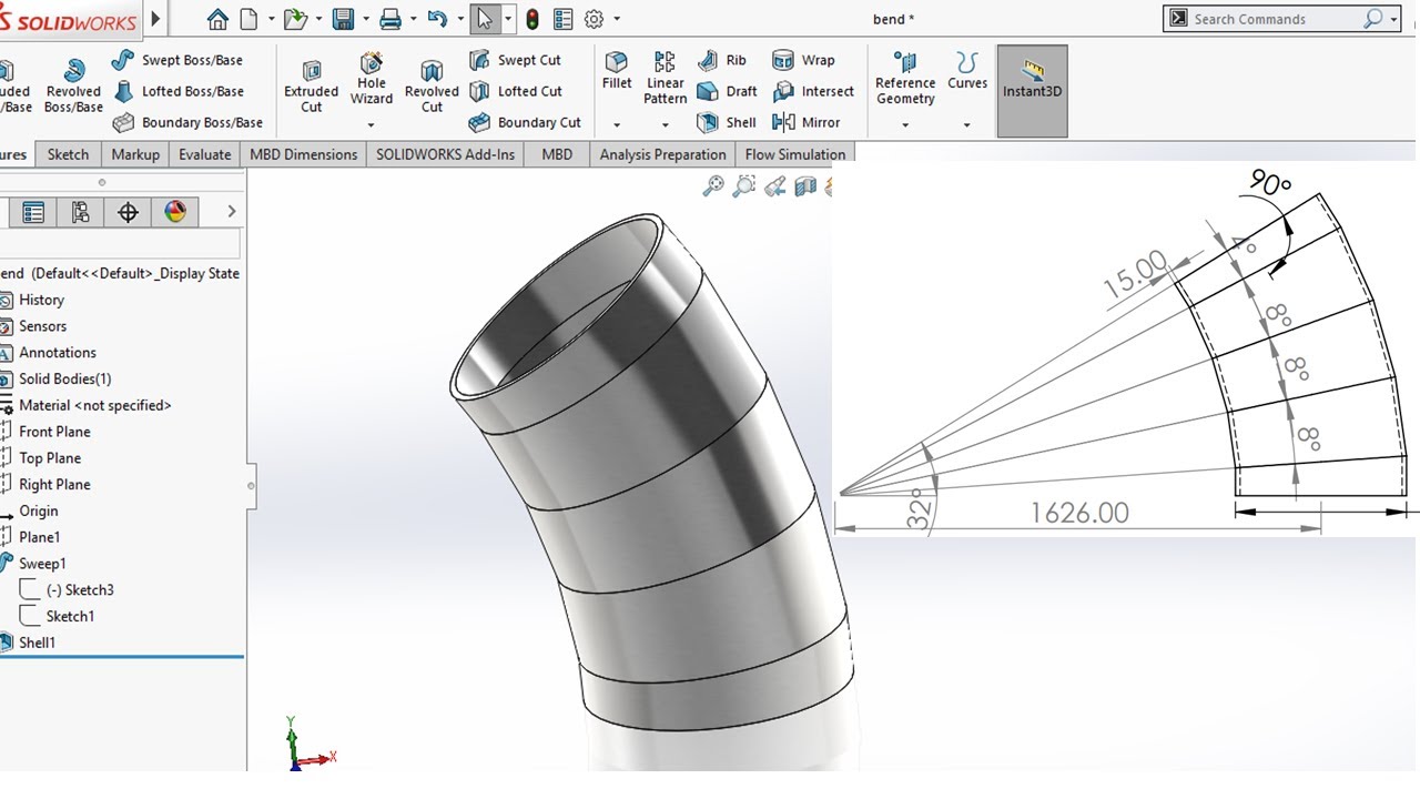 SolidWorks Tutorial |Design of bend for 5-miter Full Design Process ...