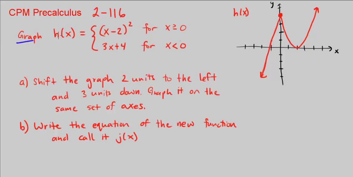 CPM Precalculus 2-116 - Piecewise defined function - YouTube