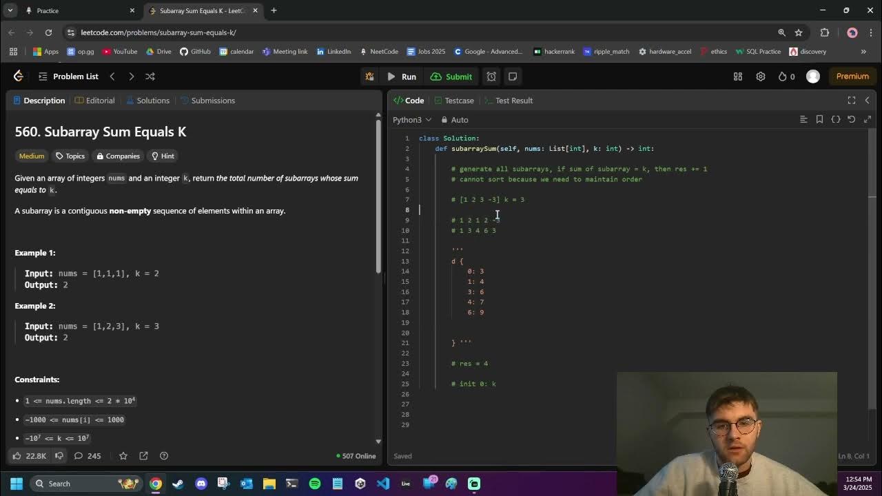 Daily Coding (day 67) - Subarray Sum Equals K - YouTube