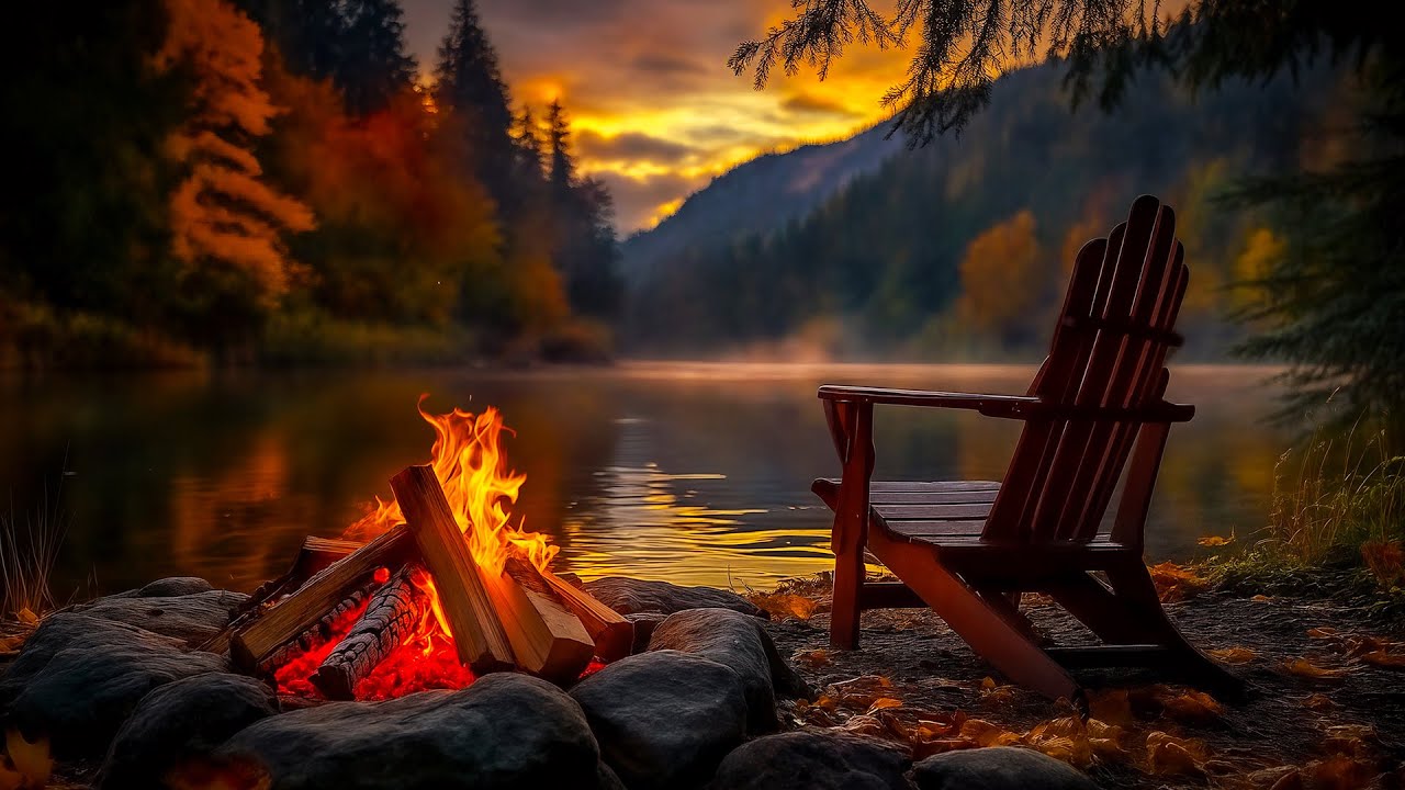 🔥 Cozy Fall Evening by the Lake 🍁 Crackling Campfire & Soothing Autumn ...