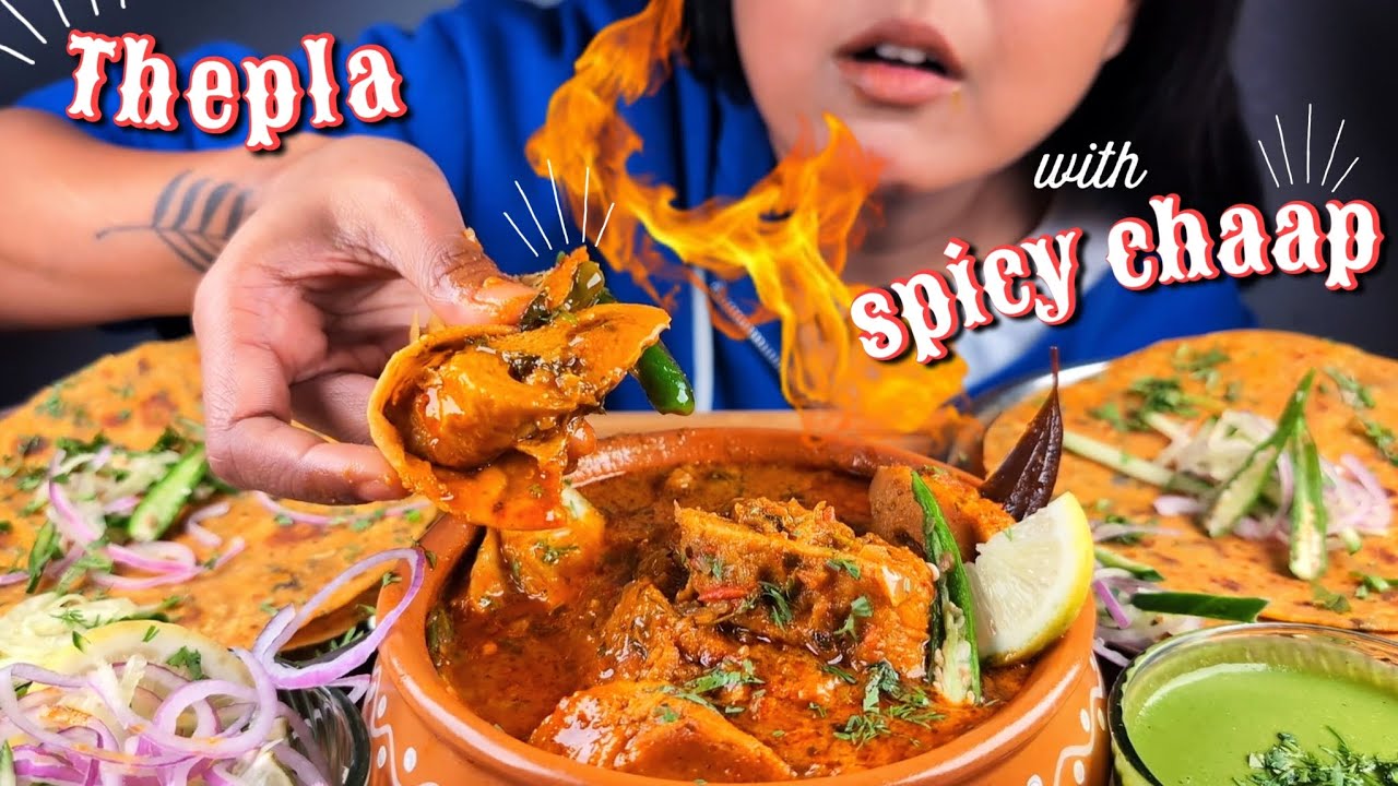 COOKING & EATING 10+ CHATPATA THEPLA WITH SPICY SOYA CHAAP GRAVY, GREEN ...