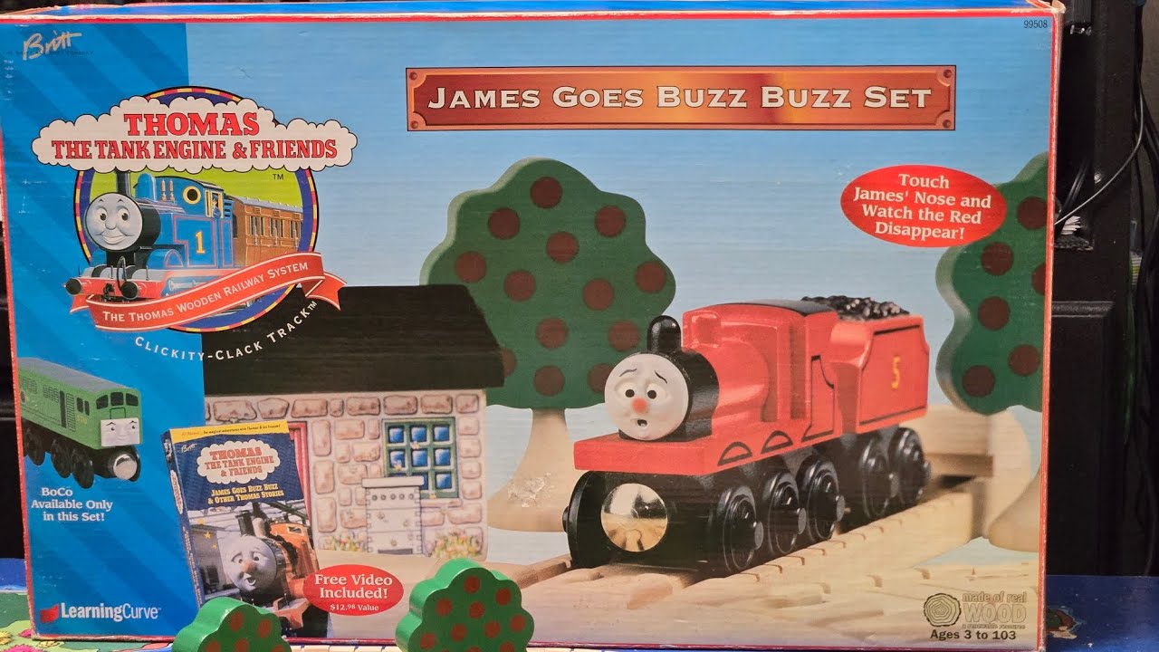 James Goes Buzz Buzz Set Review Thomas Wooden Railway - YouTube