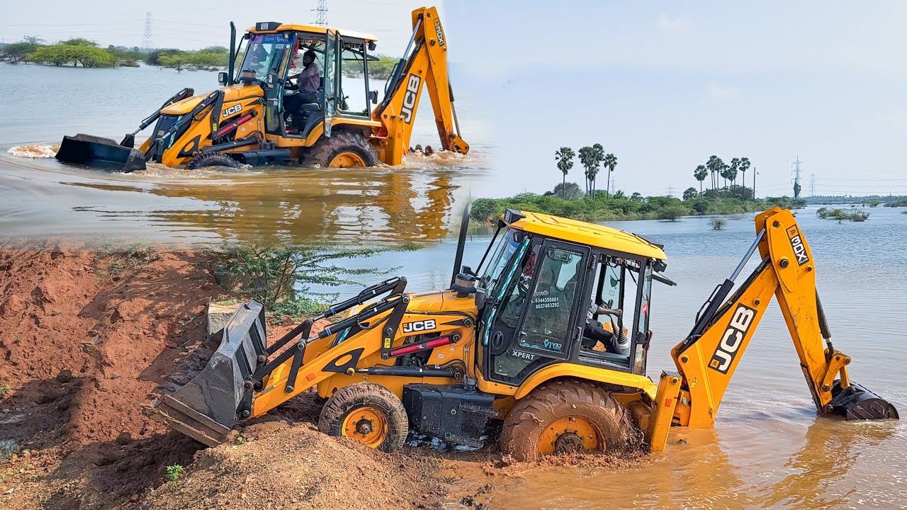 JCB 3DX Plus goes through Fully muddy pond and repairs to prevent water ...