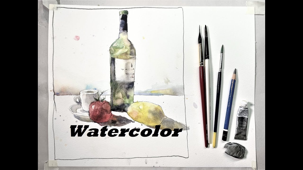 Watercolour Still Life of a Lemon, Tomato and Wine Bottle - with ...
