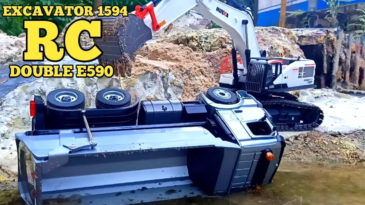 JOB DESK : EXCAVATOR RC HUINA 1594 VS TRUCK RC DOUBLE E590 - YouTube