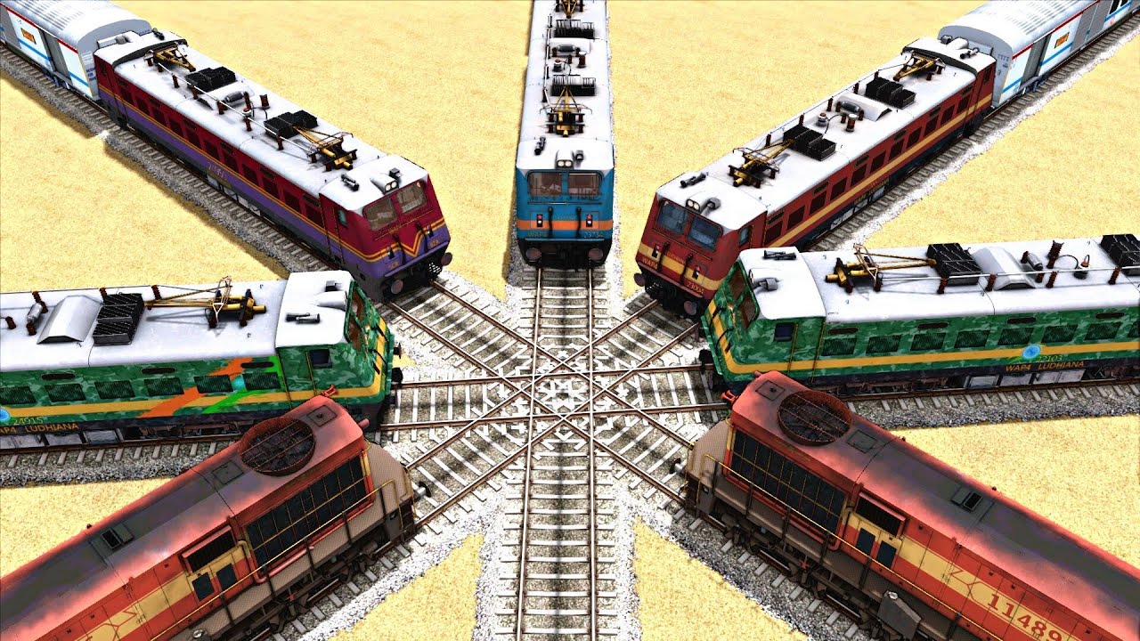 7 LINE BRANCHED DIAMOND RAILROAD CROSSING ON BUMPY RAILROAD TRACKS ...