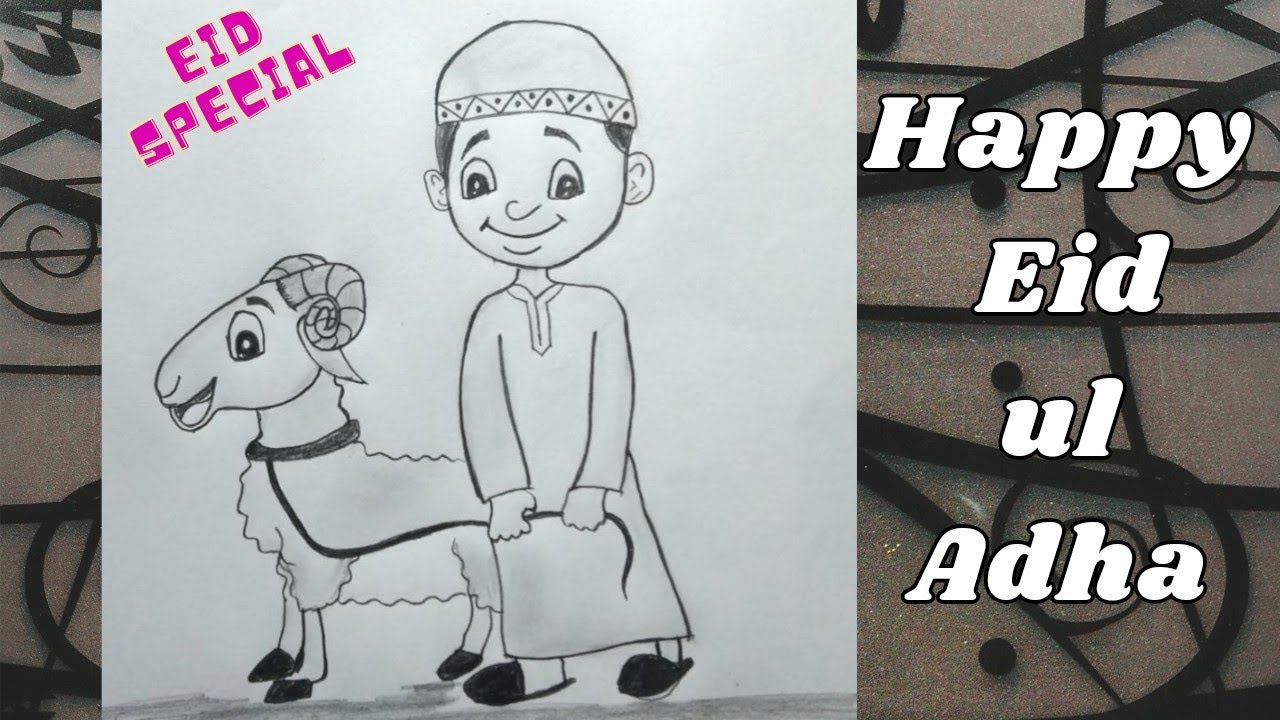 Bakra Eid drawing | How to draw a boy with goat | Eid Mubarak drawing ...