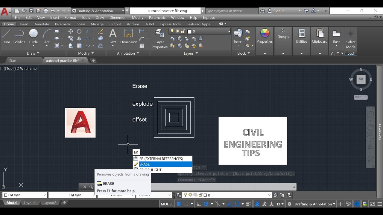 Autocad Erase Explode Offset Command Tutorial Youtube
