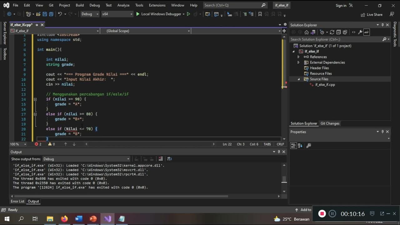 Visual Studio C++ code blok percabangan if/else/if - YouTube