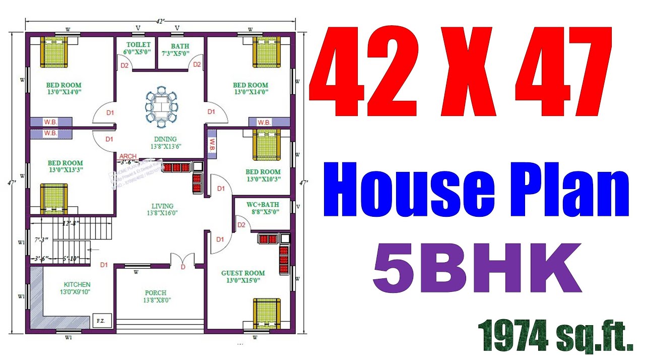 42 X 47 feet House Plan | घर का नक्शा 42 फ़ीट X 47 फ़ीट | Ghar ka ...