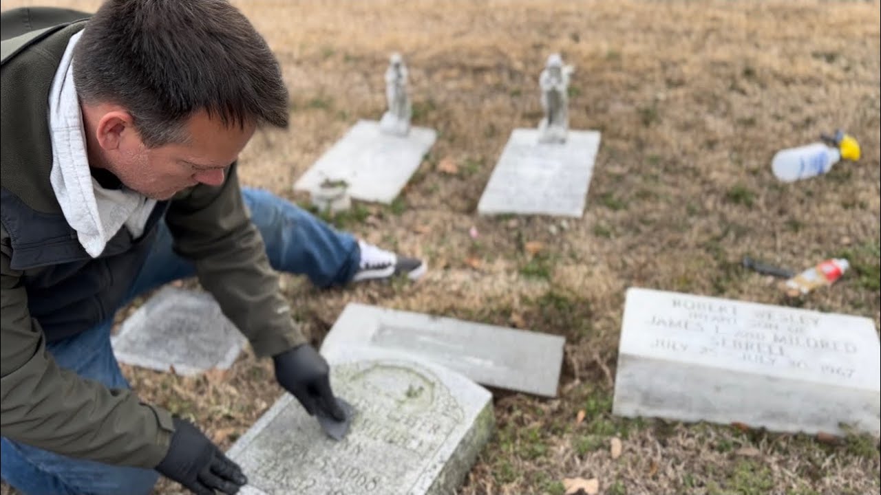 Our first real attempt at leveling a headstone….I forgot to bring the ...