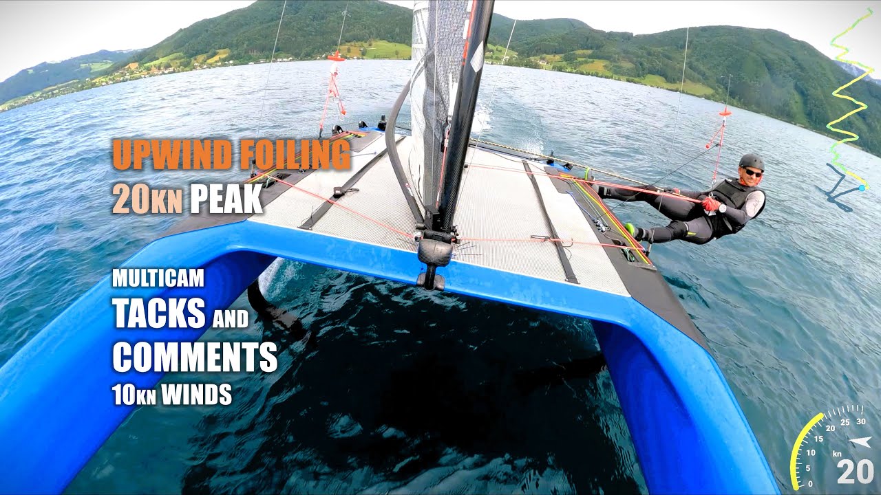 Upwind foiling 20kn peak - A-Class catamaran - multicam - commentary ...