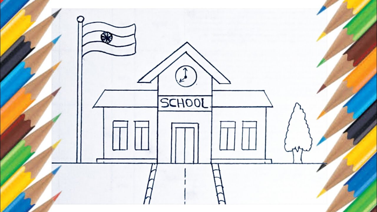 Simple school drawing l How to draw a school drawing l ચિત્ર દોરવાની ...
