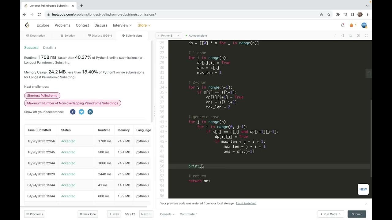 leetcode 5 [Daily Challenge]. Longest Palindromic Substring - dp and generation - YouTube
