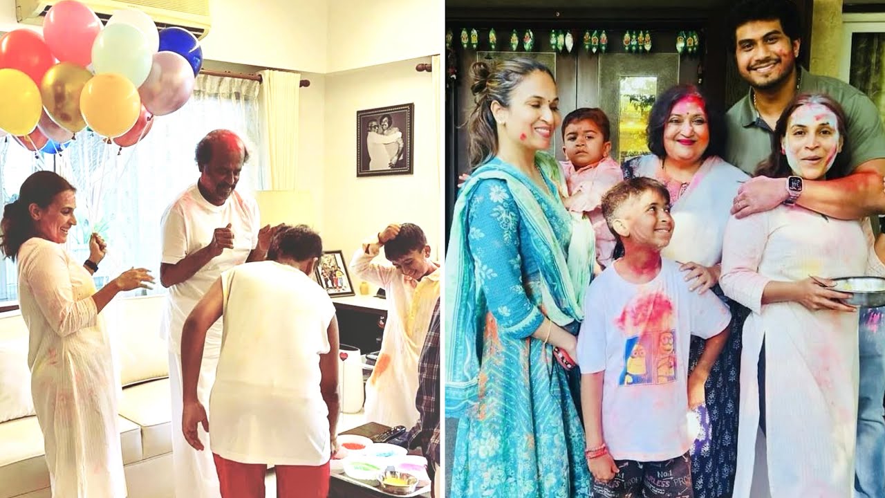 நடிகர் ரஜினிகாந்த் நான்கு பேரன்களுடன் Holi கொண்டாட்டம்🌈Soundarya 2nd ...