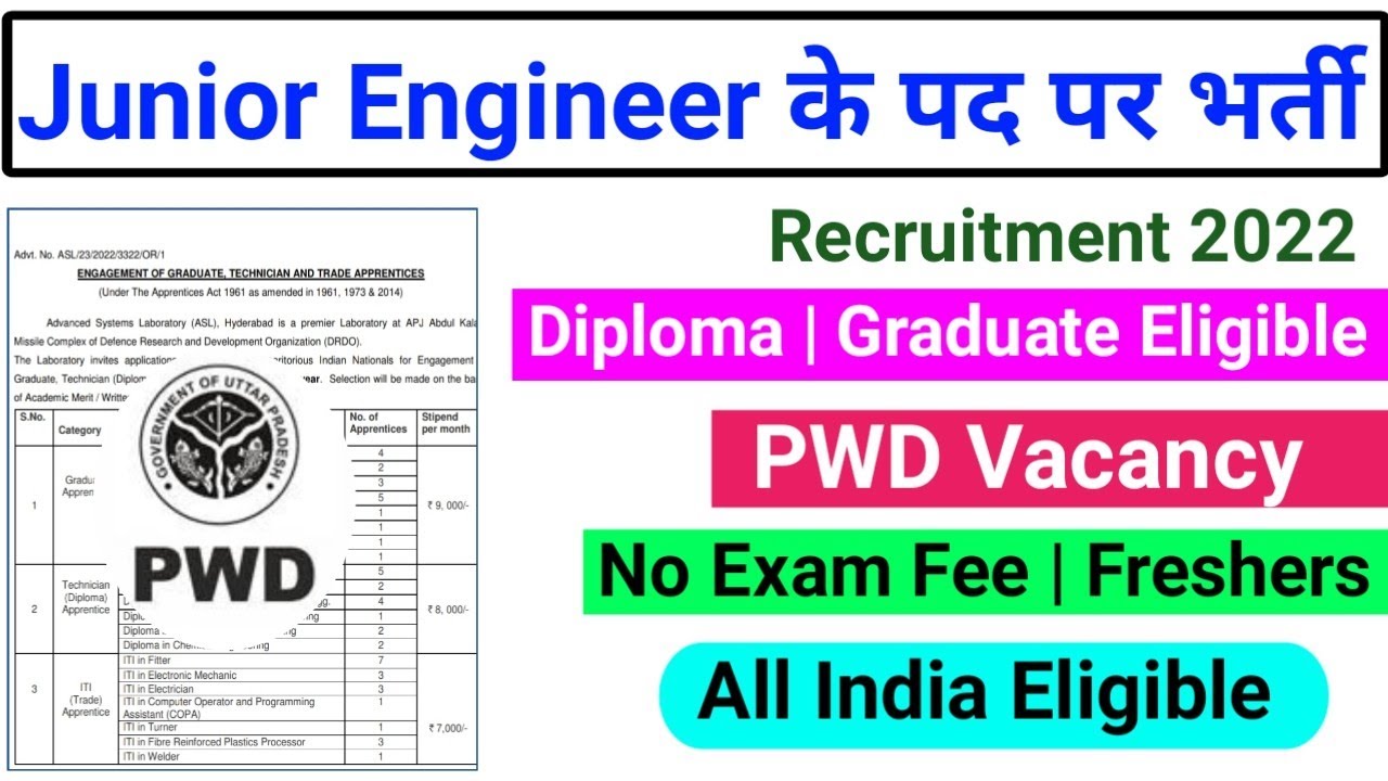 Junior Engineer recruitment 2022/PWD JE/Freshers/No Fee/JE vacancy 2022 ...