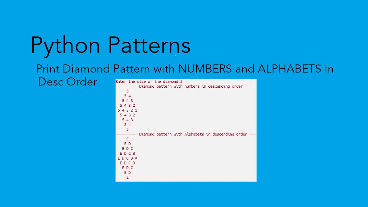3 Print Diamond Pattern With NUMBERS ALPHABETS DESC Order YouTube 3 Print Diamond Pattern With NUMBERS ALPHABETS DESC Order YouTube