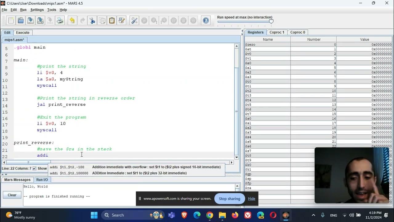 Programming Assembly MIPS Building a program to print a string forward and in reverse order ...