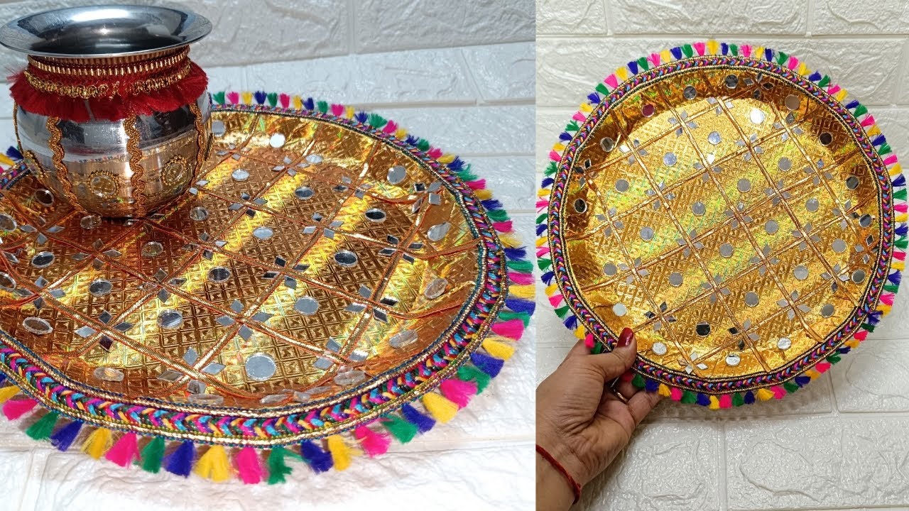 How to decorate karva chauth Thali at home | aarti thali | pooja thali ...