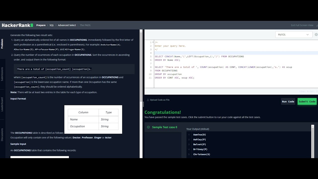 Solucion del ejercicio de SQL de HackerRank "The Pads" - YouTube